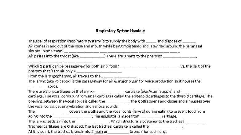 Module-5 Respiratory System Handout: Key Concepts and Functions - Studocu