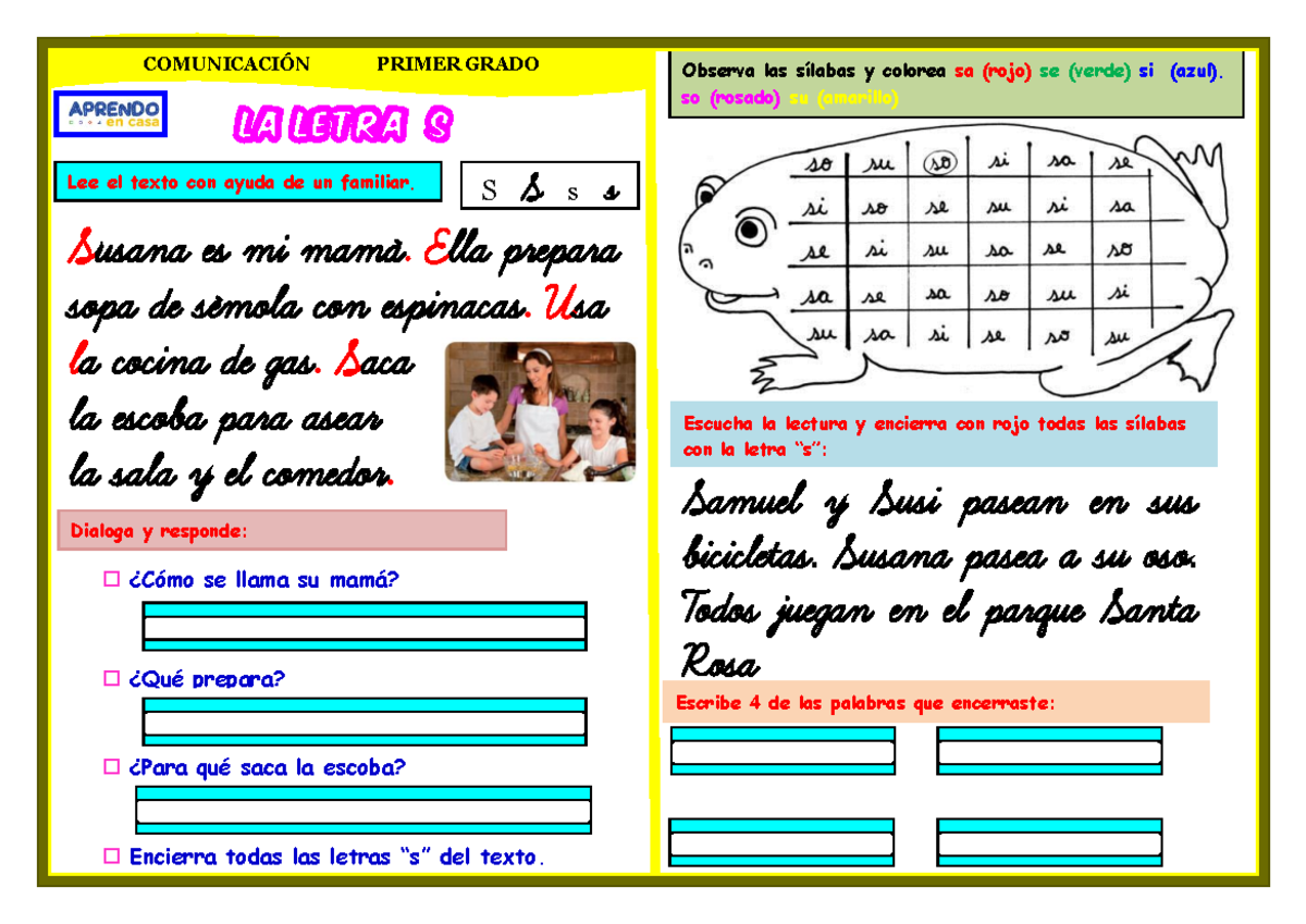 COMUNICACIÓN PRIMER GRADO: La letra S - Práctica y Ejercicios - Studocu
