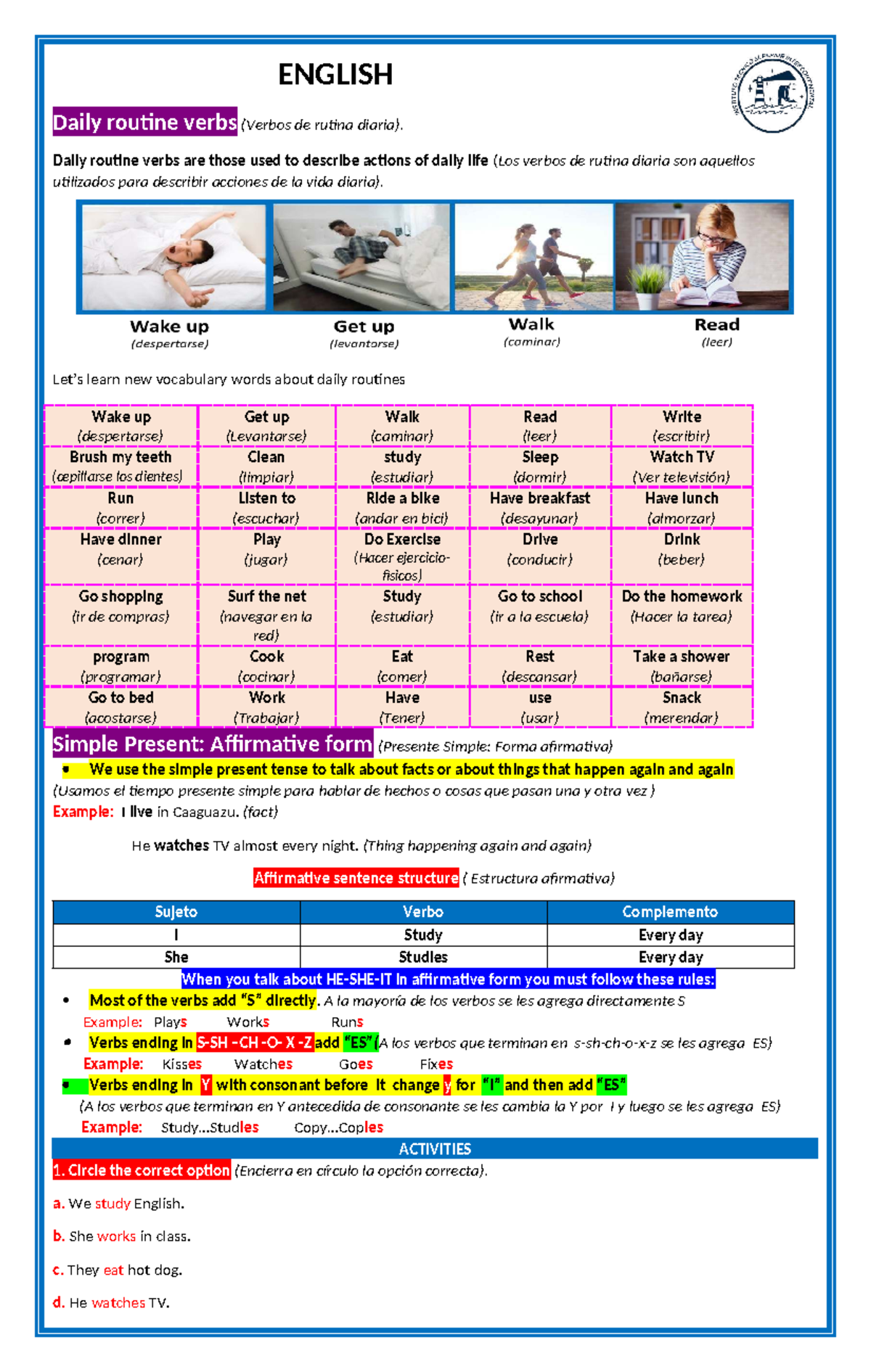 ENGLISH Daily Routine Verbs: Simple Present Affirmative Form - Studocu