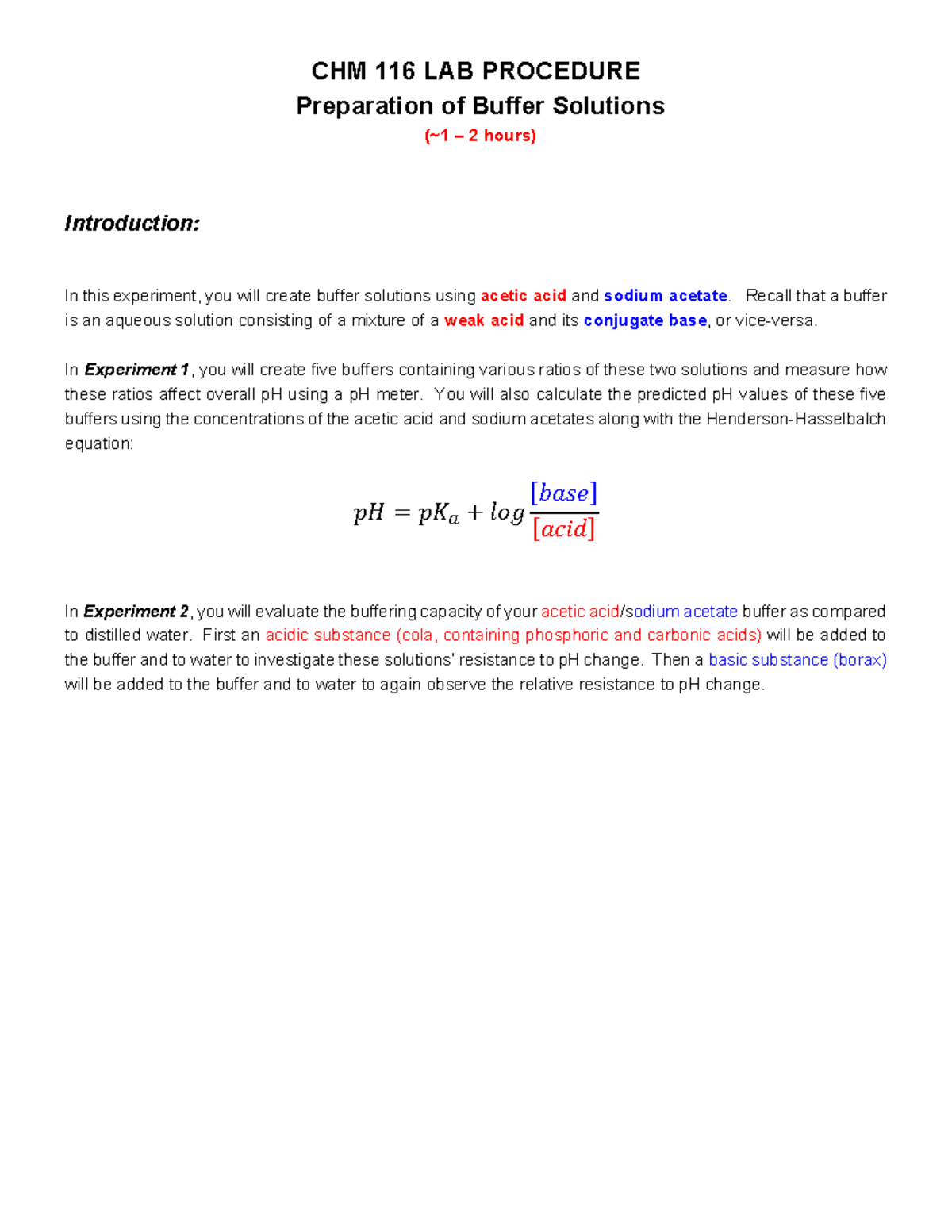 CHM 116 Lab: Buffer Solutions Preparation & Testing Procedure - Studocu