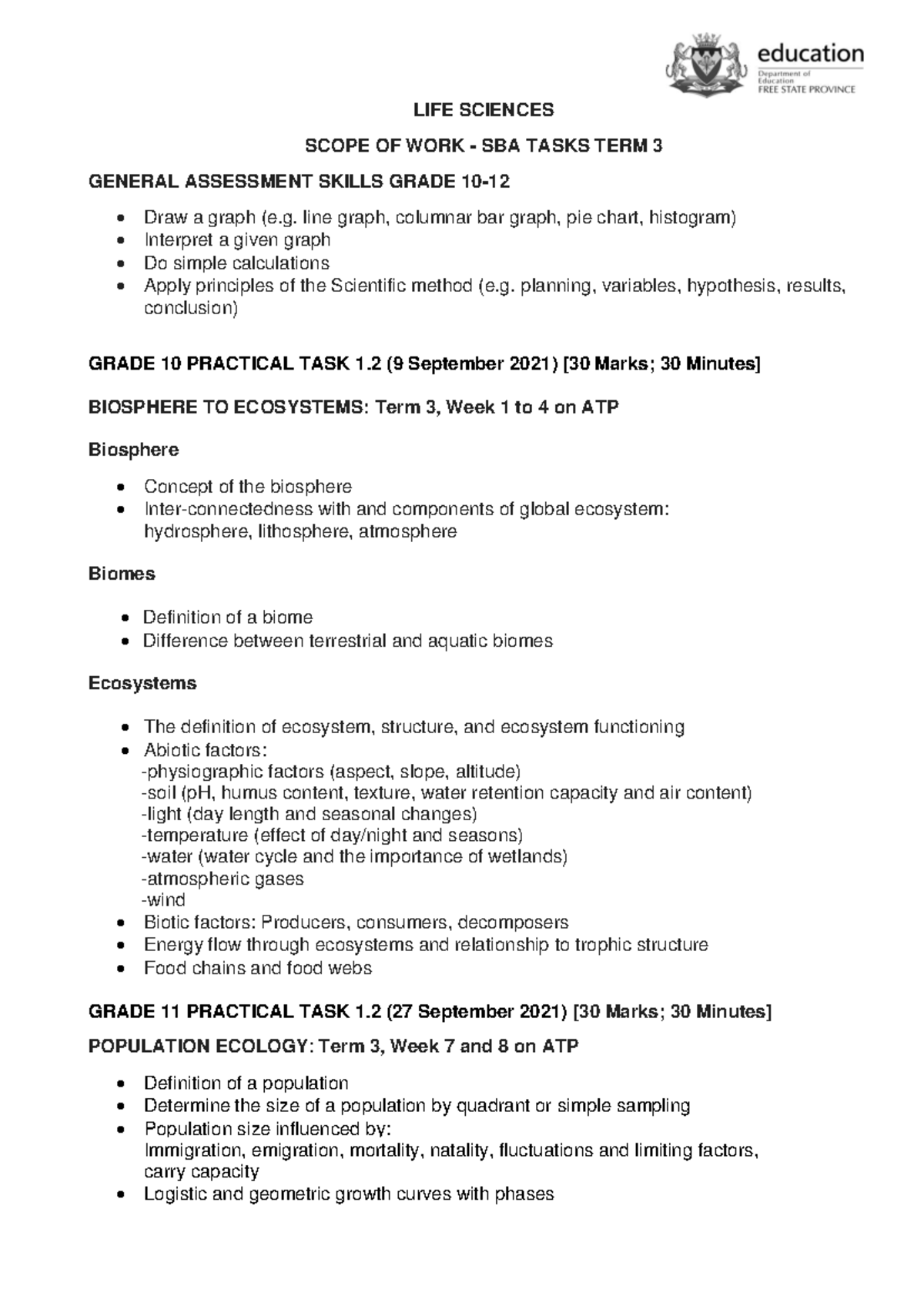 Life Sciences Term 3 Scope & Assessment: Grade 10 Overview - Studocu
