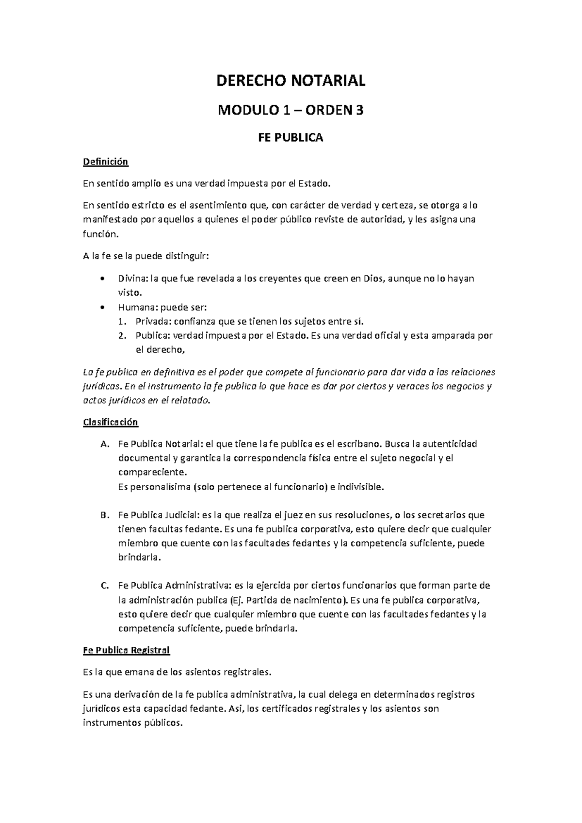 DERECHO NOTARIAL MÓDULO 1 ORDEN 3: Resumen de la Fe Pública - Studocu