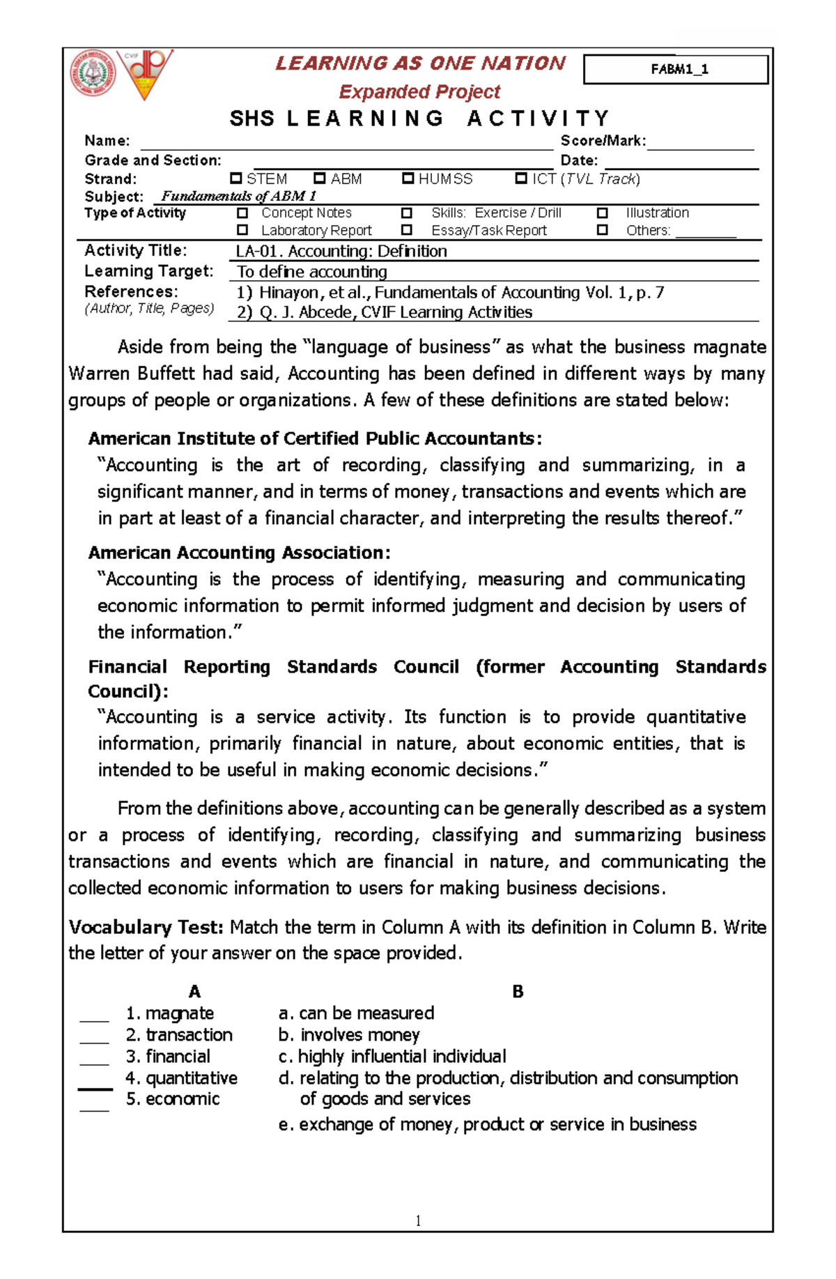 FABM1_1 Expanded Project: Accounting Definitions and Concepts - Studocu