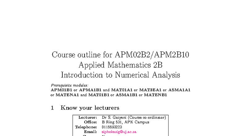 APM02B2 Course Outline: Applied Mathematics 2B Numerical Analysis - Studocu