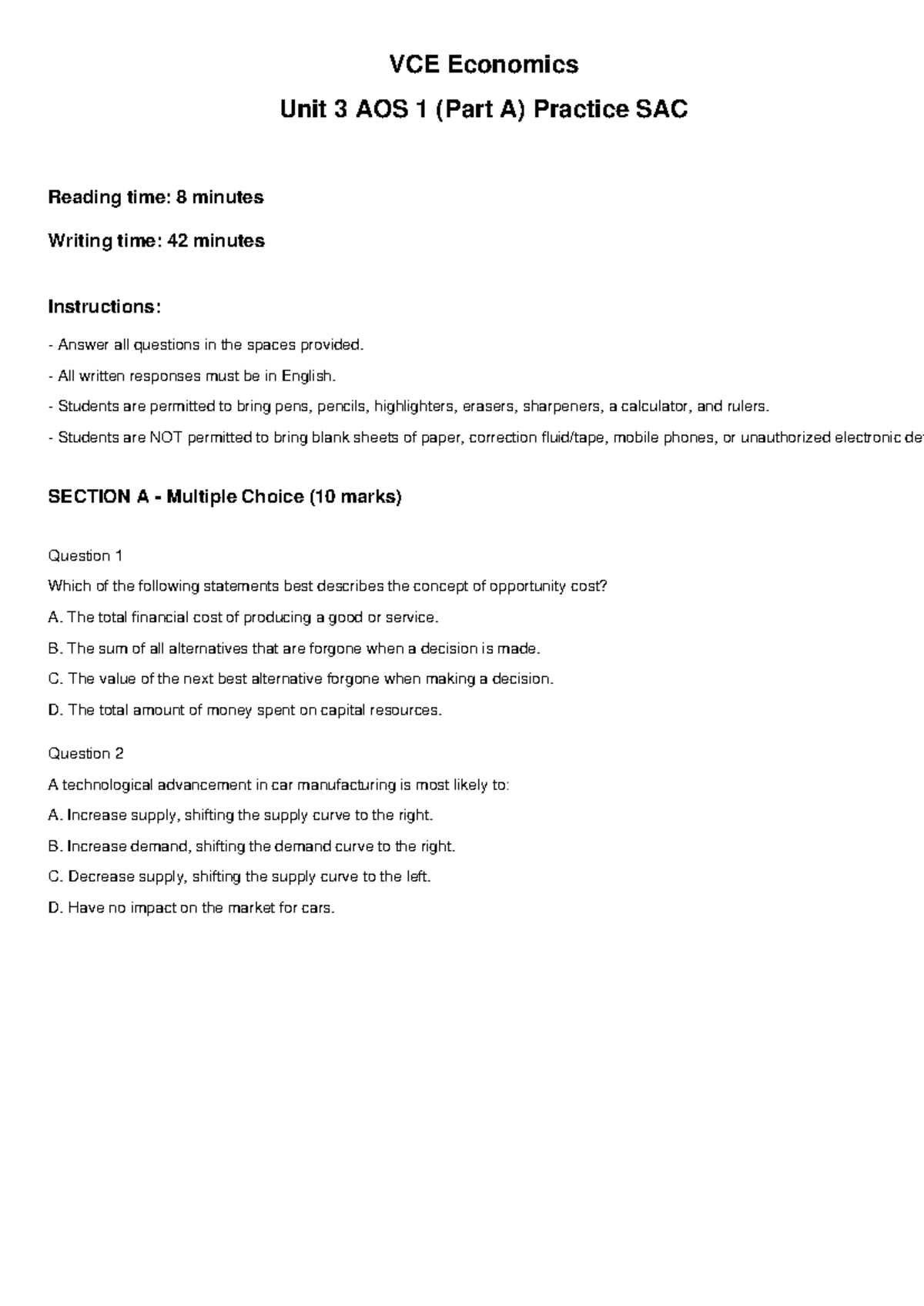 VCE Economics Unit 3 AOS 1 Practice SAC - VCE Economics Unit 3 AOS 1 ...