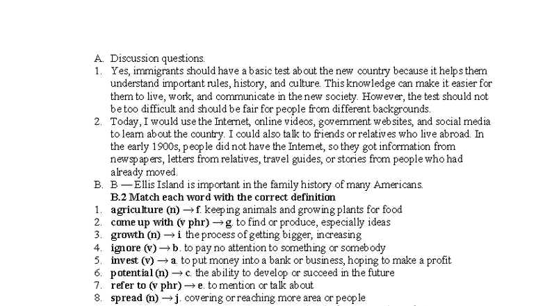 Discussion Questions and Vocabulary Definitions for ESL - Studocu