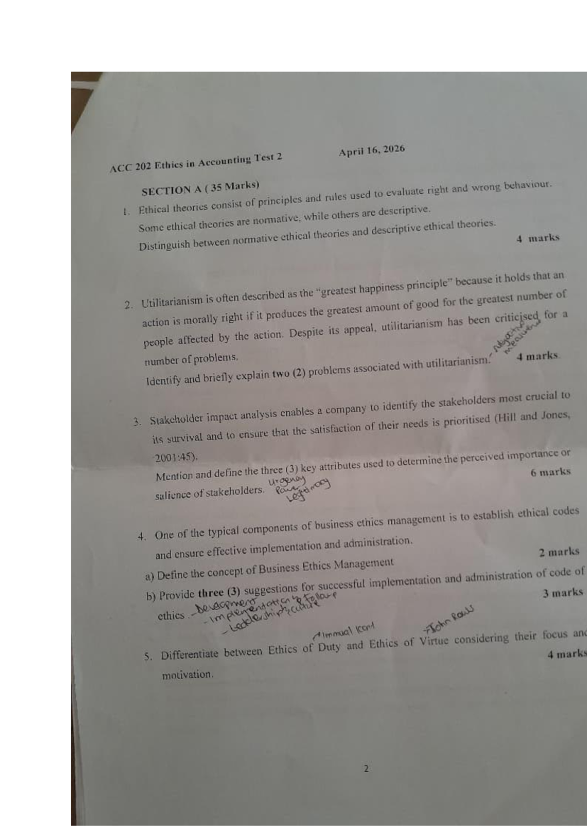 ACC 202 Ethics in Accounting Test 2 Review - April 16, 2026 - Studocu