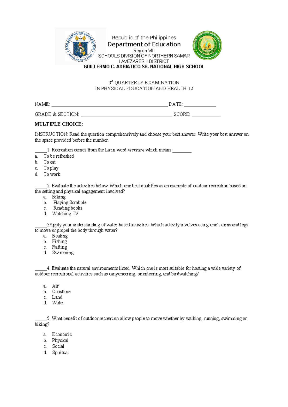 Q3 EXAM G12 PE AY. 25-26 - PHYSICAL EDUCATION & HEALTH - Studocu