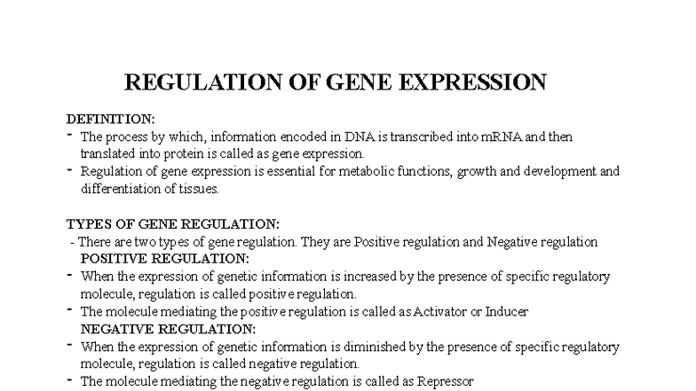 Regulation of Gene Expression: Key Concepts and Mechanisms - Studocu