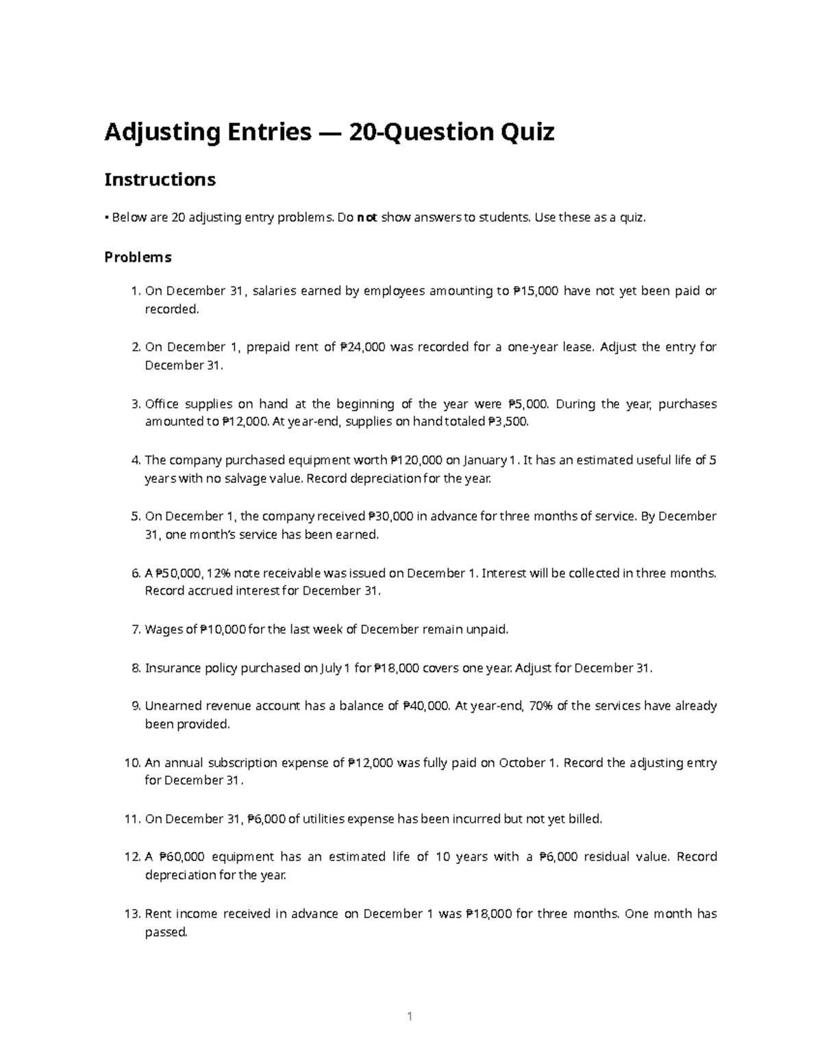 Adjusting Entries Quiz (ACC 101) - 20 Questions with Answers - Studocu
