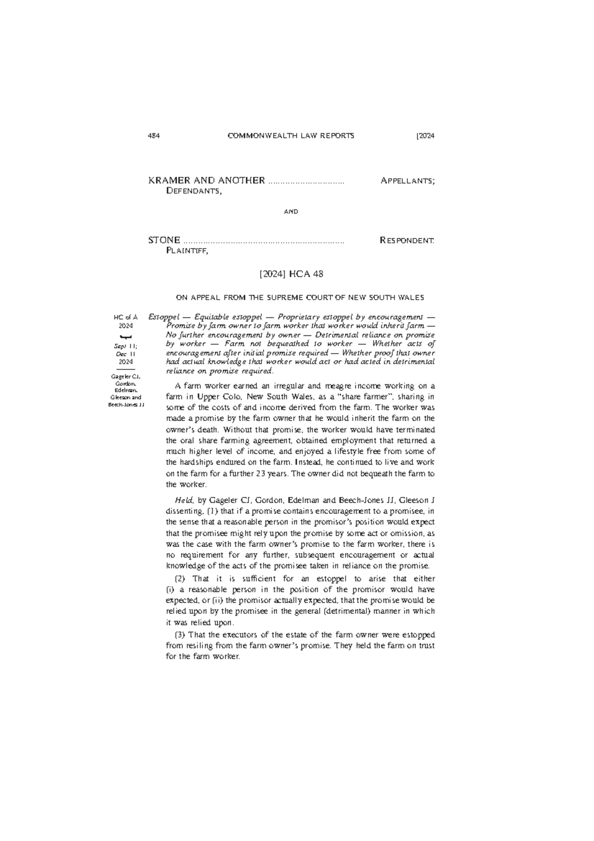 Kramer v Stone: Equitable Estoppel and Detrimental Reliance Analysis ...