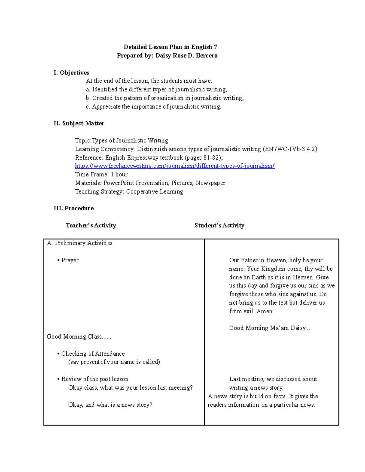 Detailed Lesson Plan: Types of Journalistic Writing (EN7) - Studocu