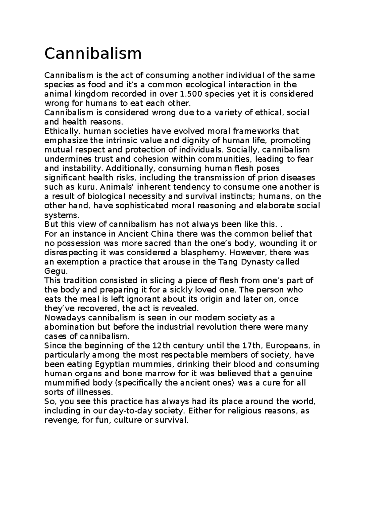 Exploring Cannibalism: Ethics, History, and Modern Perspectives - Studocu