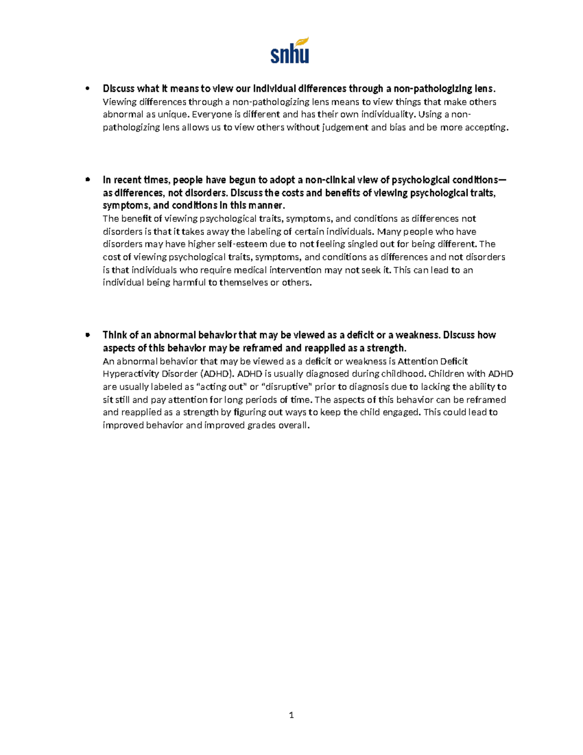 PSY 201 Module 8 Activity: Non-Pathologizing Perspectives on Behavior ...
