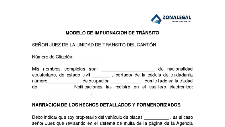 Modelo de Impugnación de Tránsito - Citación y Fundamentos Jurídicos ...