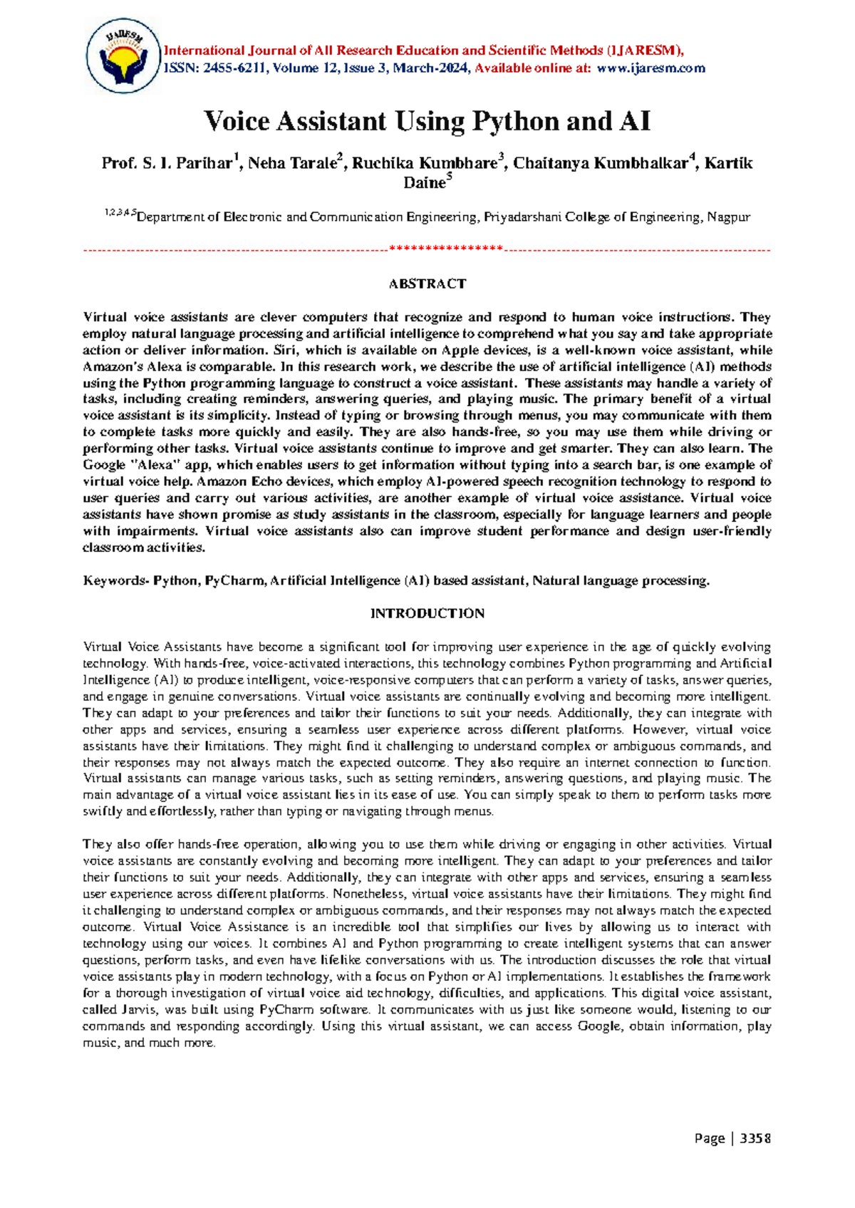Voice Assistant Development Using Python and AI - IJARESM Volume 12 ...