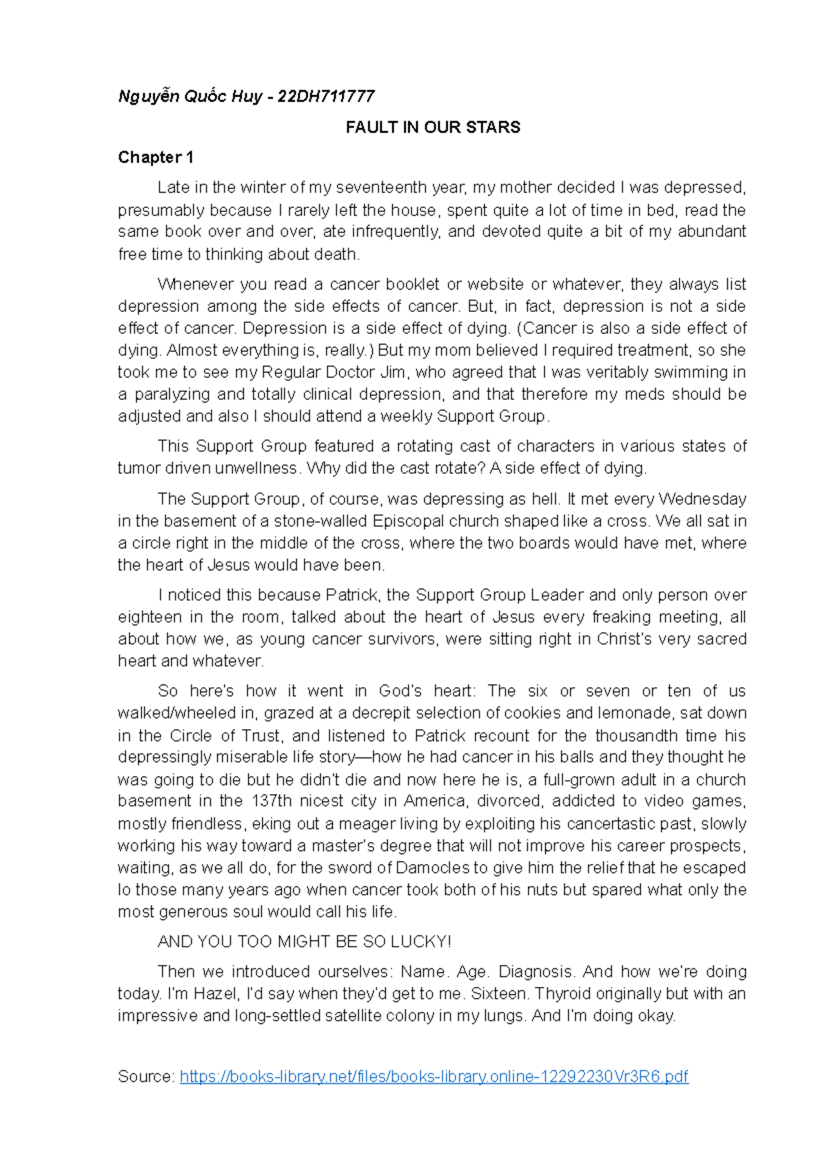 Project 1 - Fault in Our Stars Chapter Summary and Analysis - Studocu