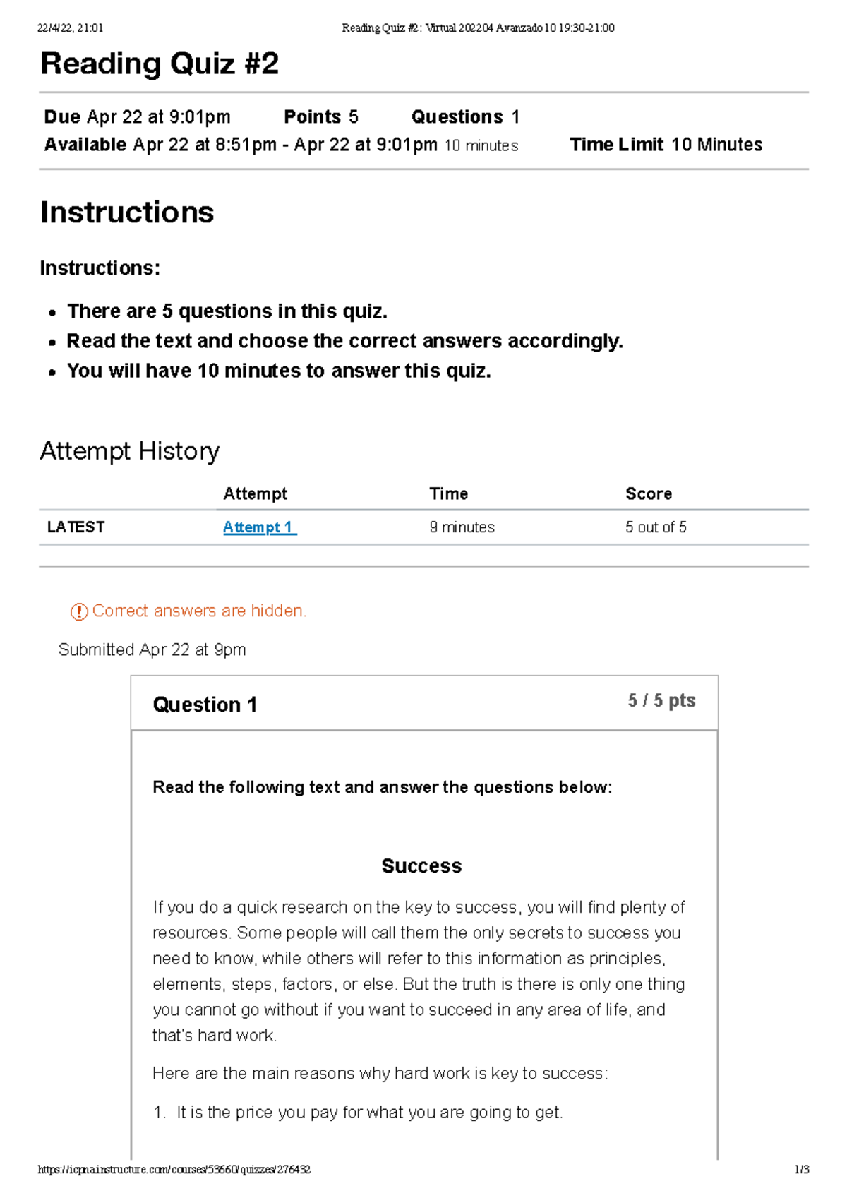 Reading Quiz #2: Virtual 202204 Avanzado 10 (Apr 22, 2022) - Studocu