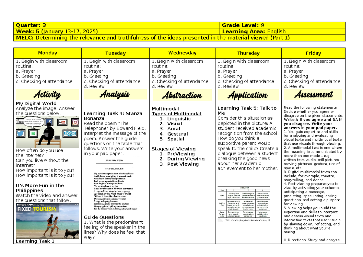 ENG9 DLL Q3 W5 - Week 5 Daily Learning Log: English Insights - Studocu