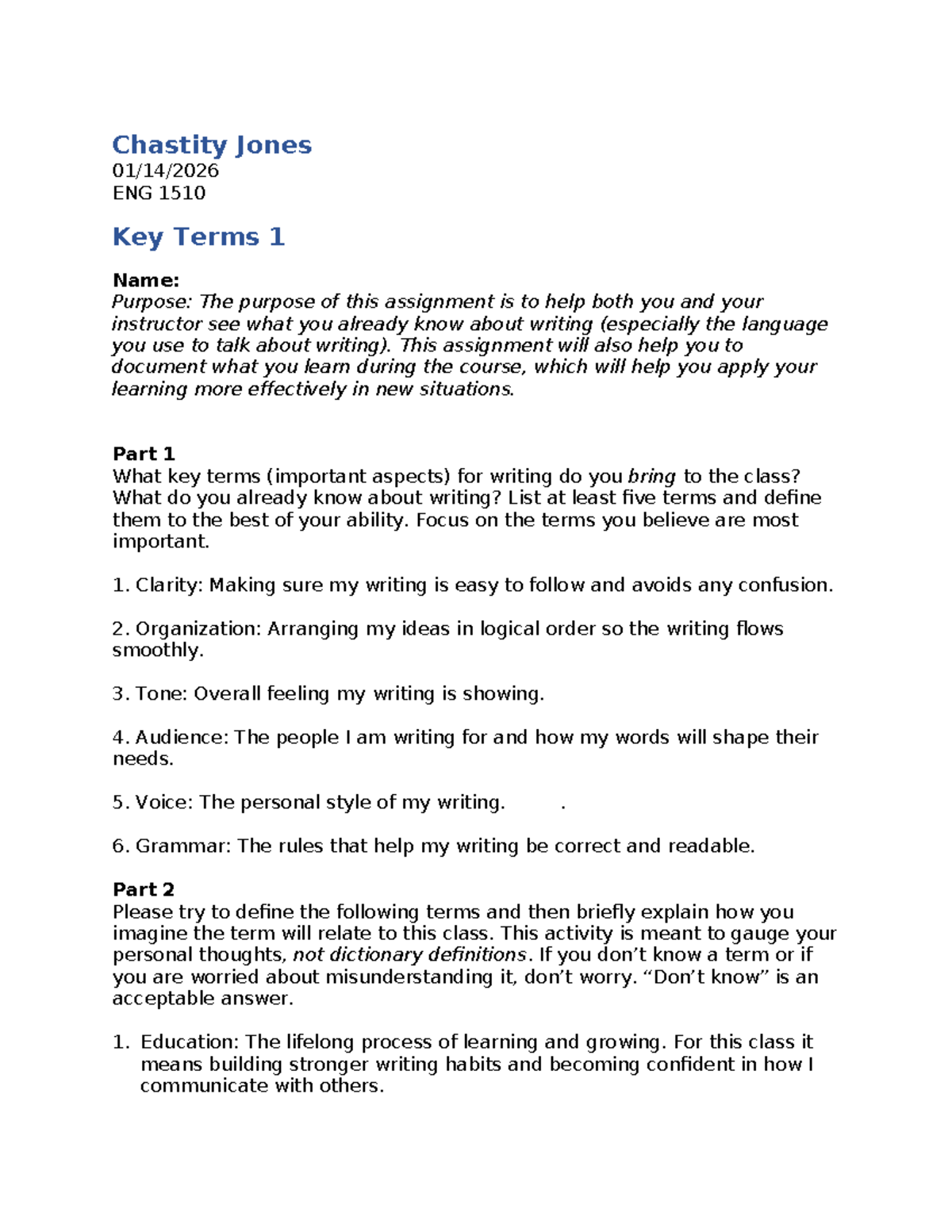 ENG 1510 Key Terms 1 Assignment by Chastity Jones - Studocu