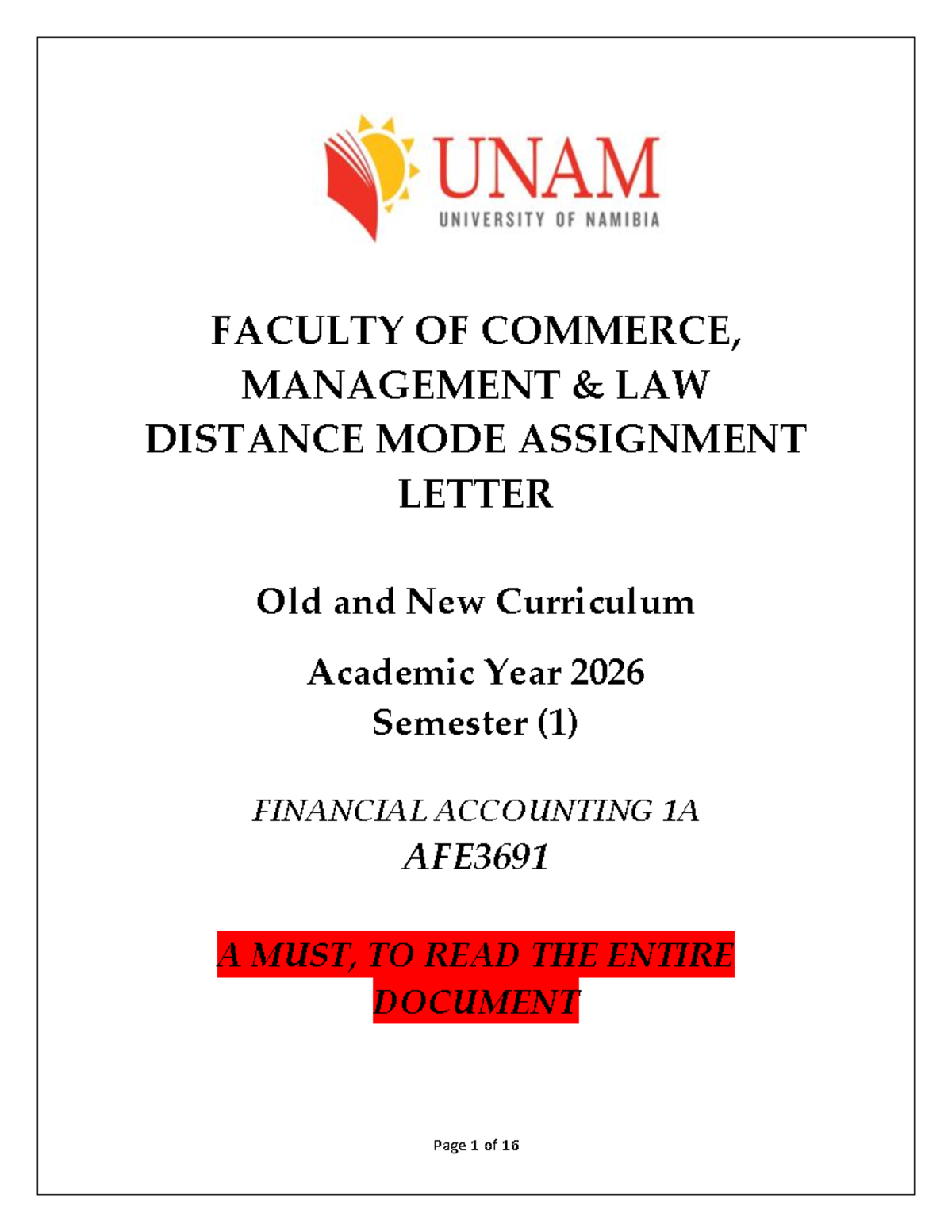 AFE3691 - Distance Mode Assignment Letter for Financial Accounting 1A ...