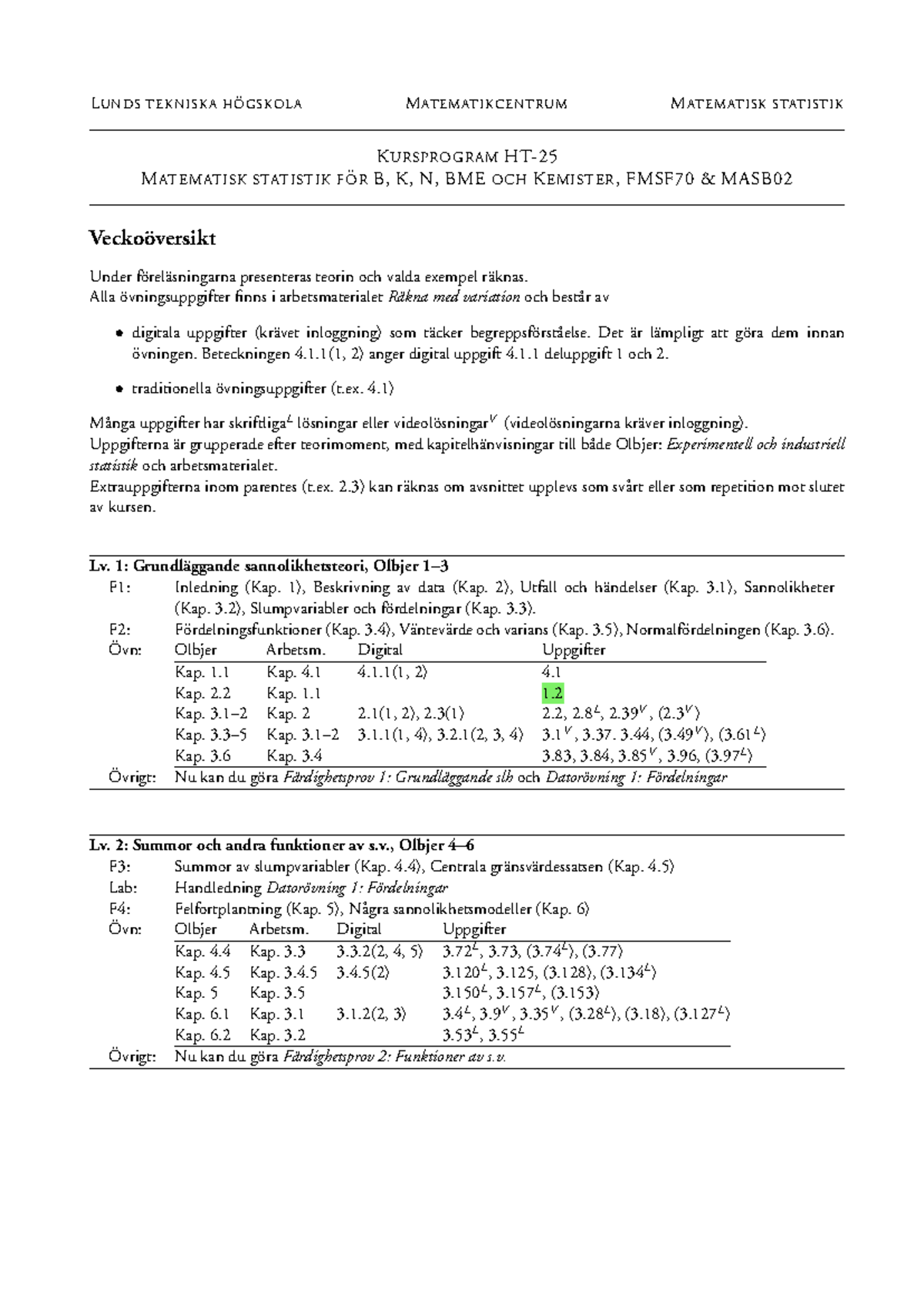 Matstat FMSF70 MASB02: Teori och Exempel i Matematisk Statistik - Studocu