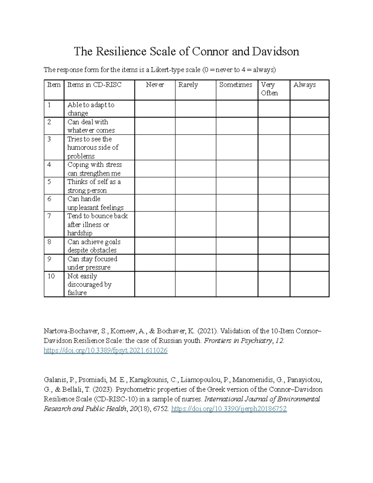 CD-RISC-10: Resilience Scale for Clinical Psychology Research - Studocu