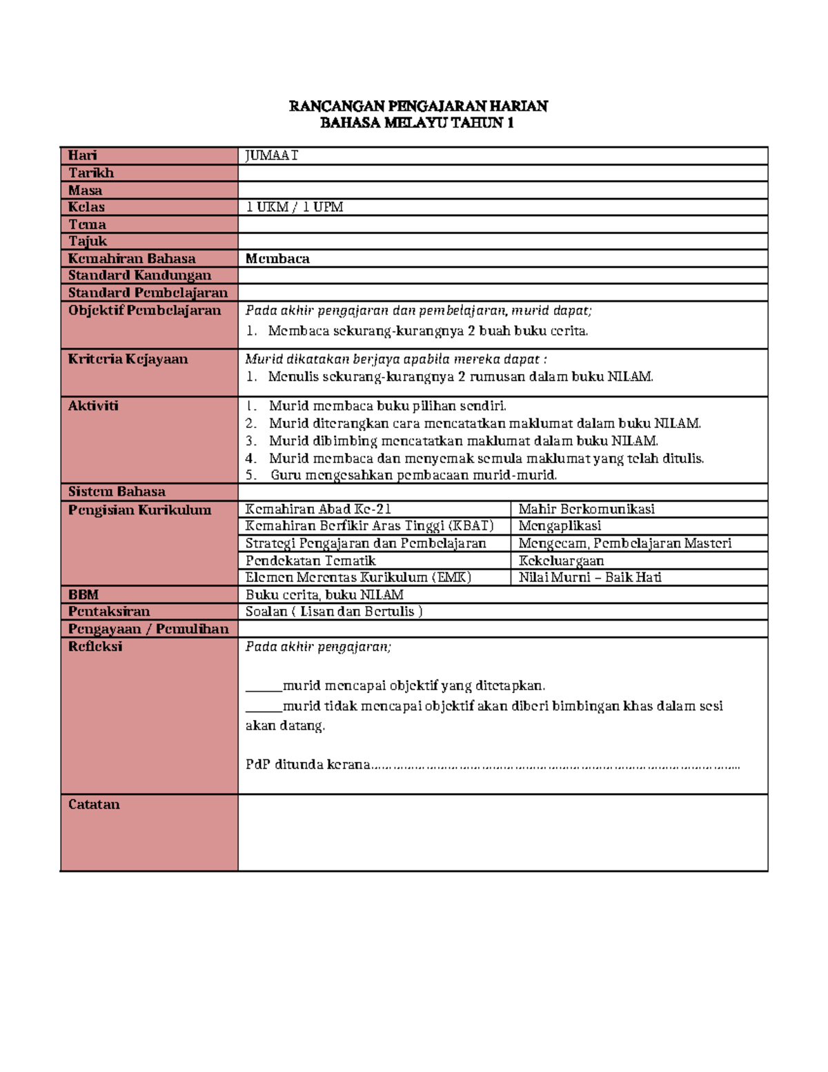 RPH-NILAM: Rancangan Pengajaran Harian Bahasa Melayu Tahun 1 - Studocu
