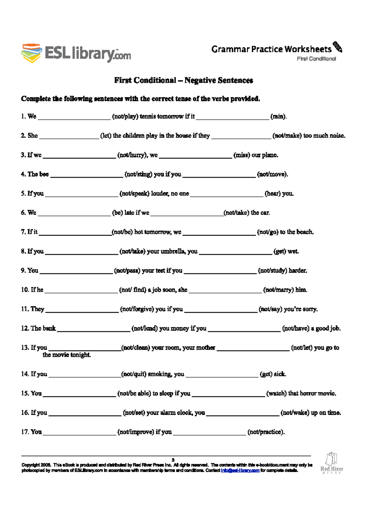 ESL 1st Conditional Grammar Practice: Negative Sentences Worksheets ...
