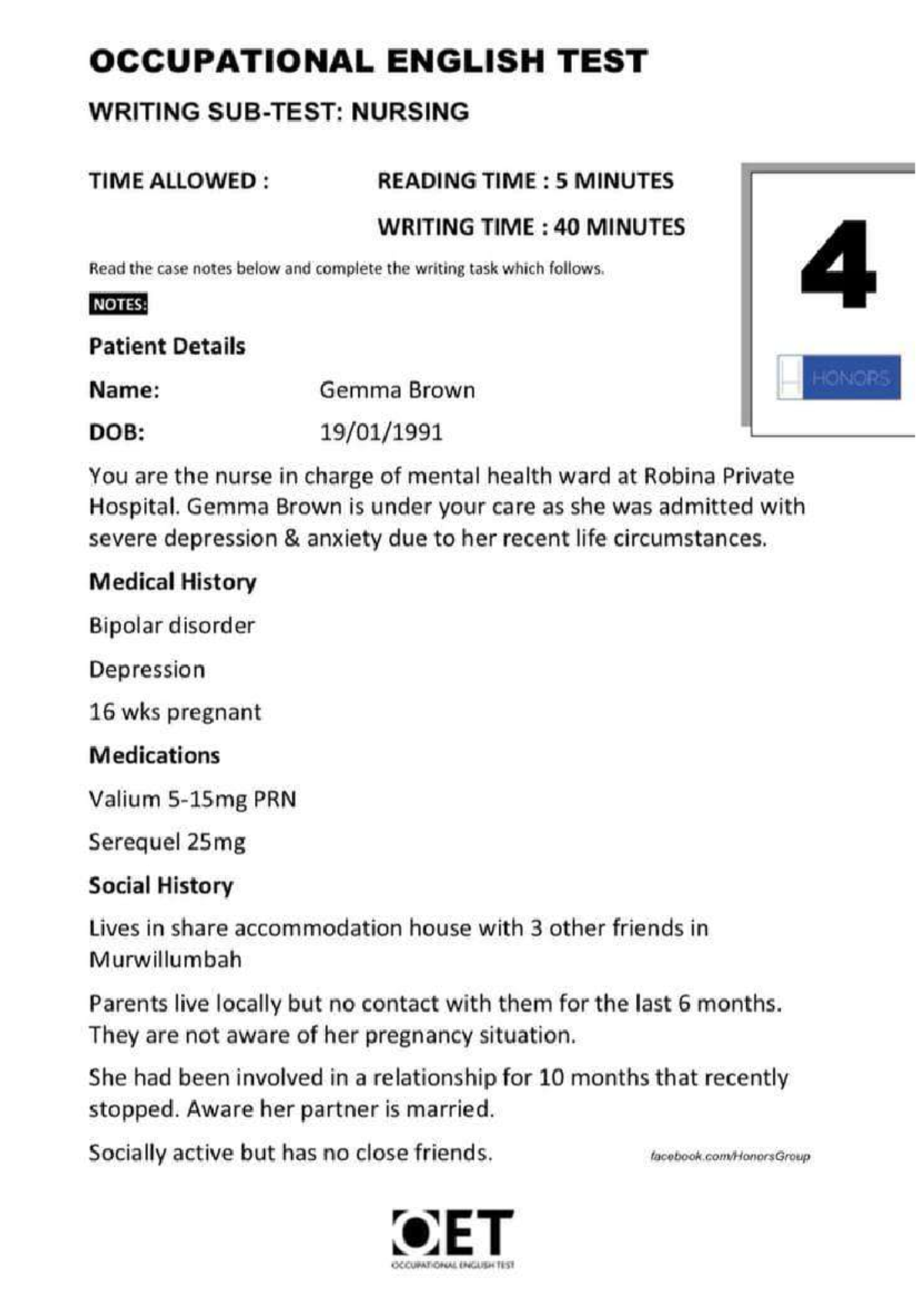 OET Writing Task: Nursing Case Study of Gemma Brown (Mental Health ...