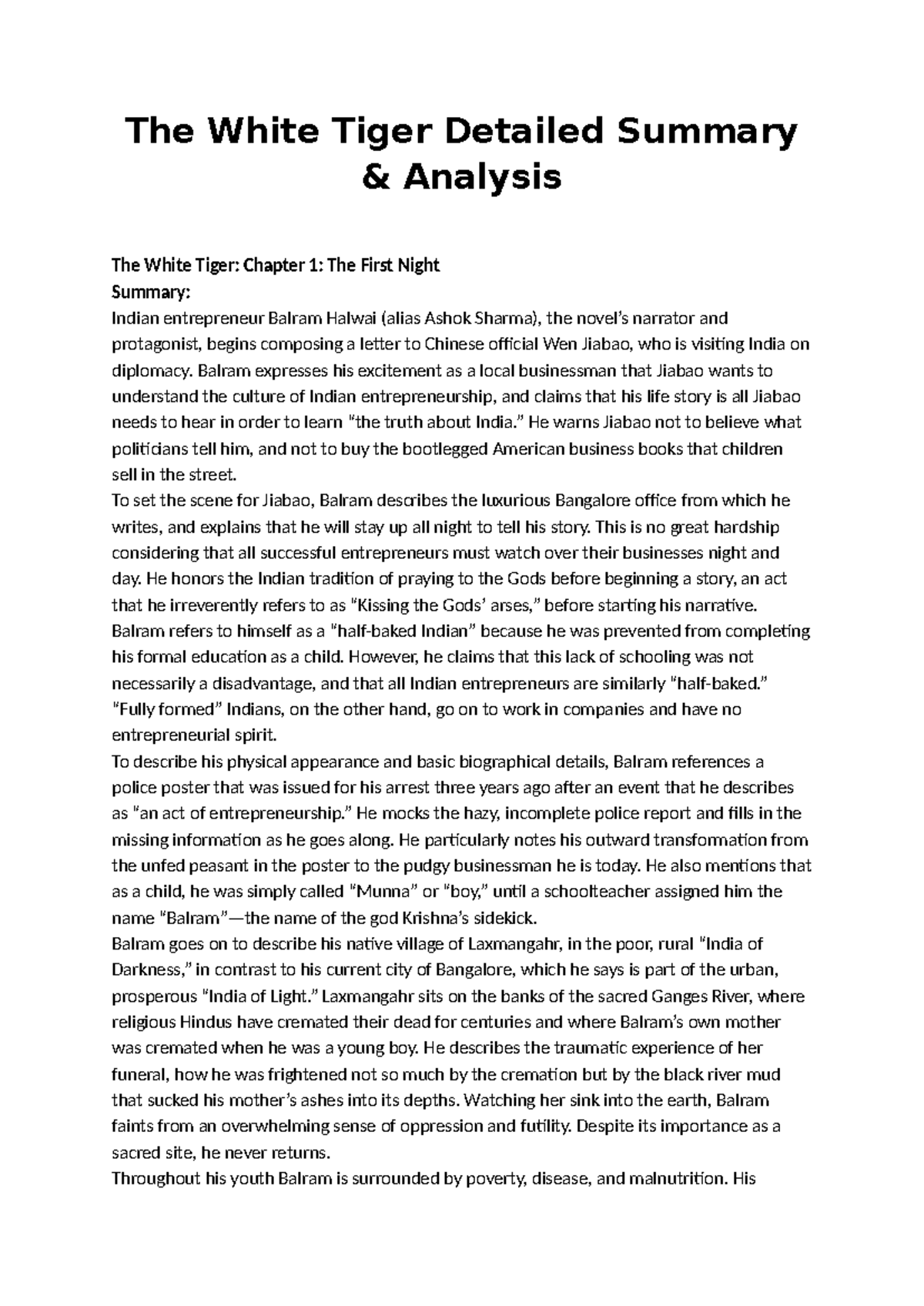 The White Tiger: Detailed Summary & Analysis of Chapters 1-2 - Studocu