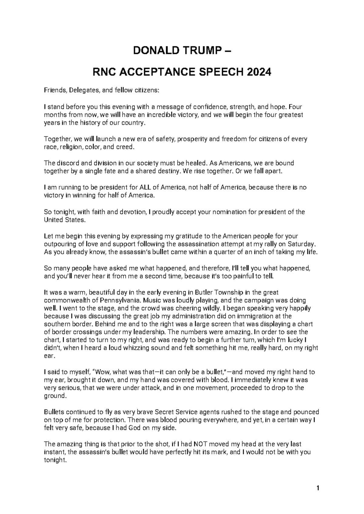 Donald Trump RNC Acceptance Speech 2024: A Vision for America - Studocu