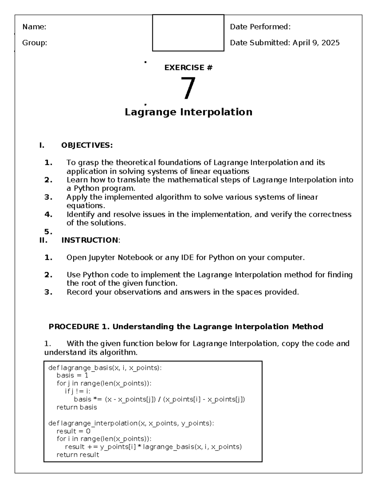 Laboratory 7: Lagrange Interpolation Methods and Python Implementation - Studocu