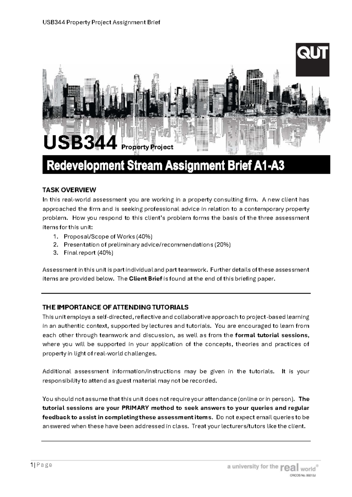 USB344 Property Project Assignment Brief: Redevelopment Overview - Studocu