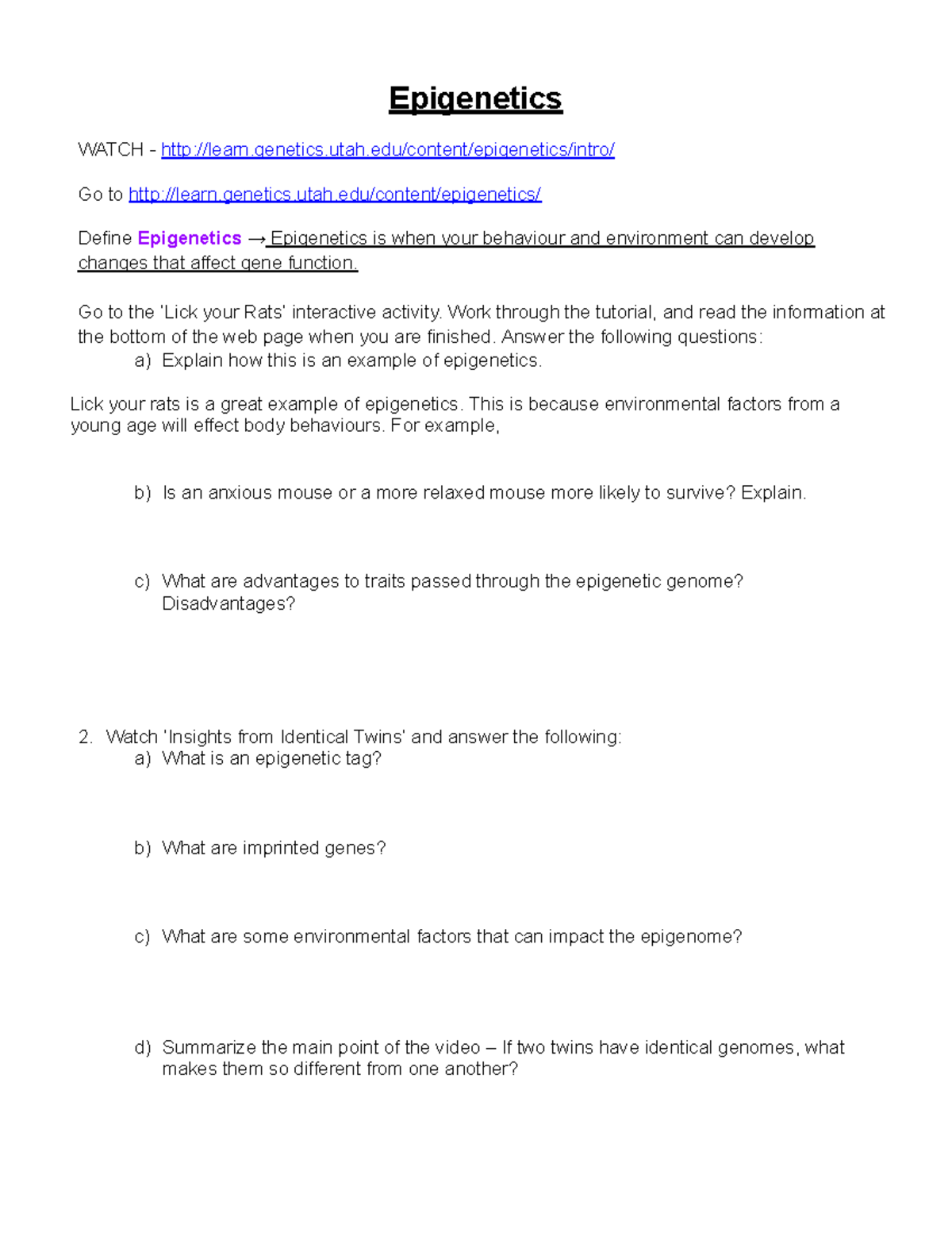 Epigenetics Worksheet: Understanding Gene Function & Environment - Studocu