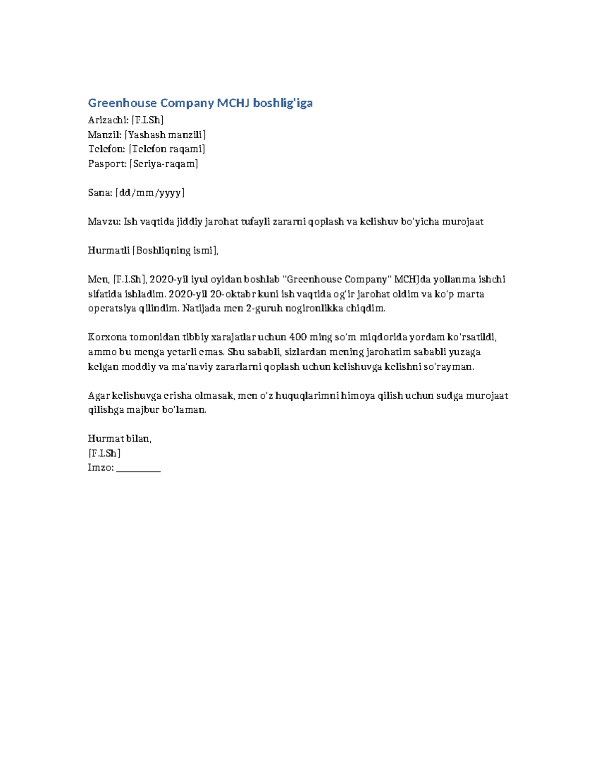 Ish vaqtida jarohat tufayli zarar qoplash bo'yicha murojaat - Studocu