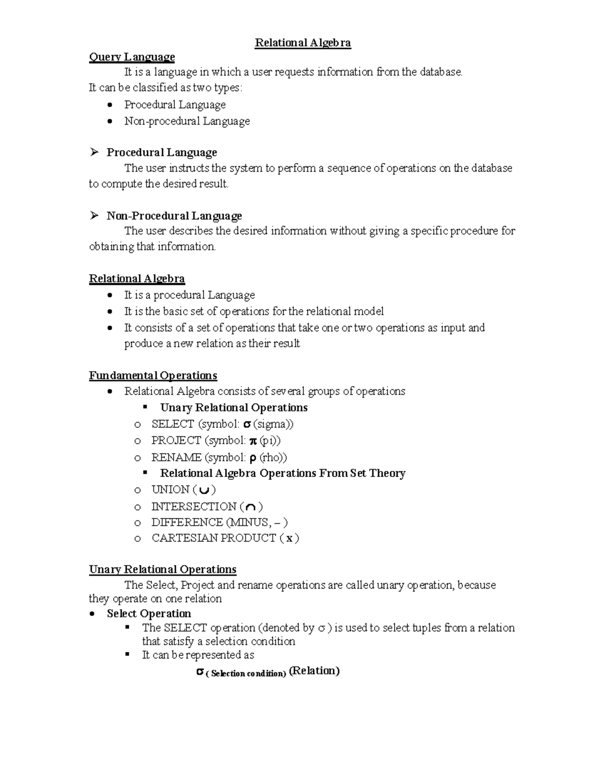 6. Relational Algebra: Understanding Query Language and Operations - Studocu