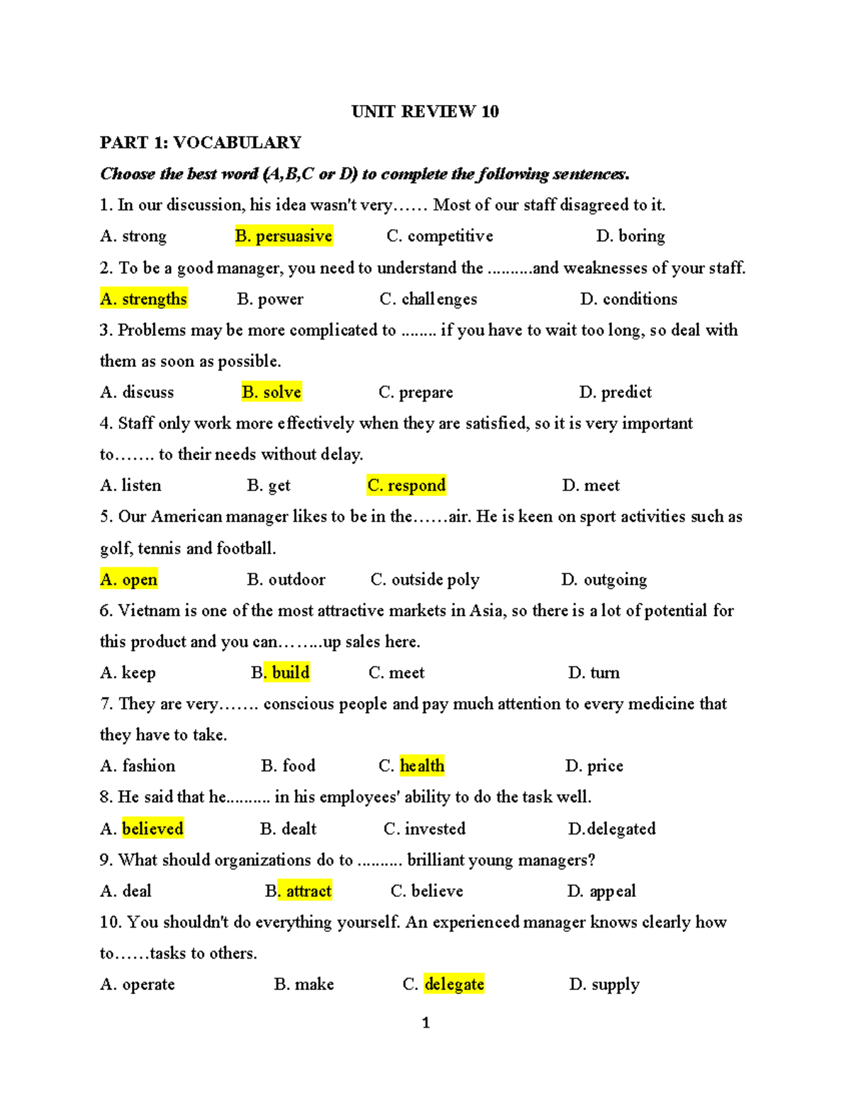 UNIT REVIEW 10: VOCABULARY & GRAMMAR EXERCISES - Studocu
