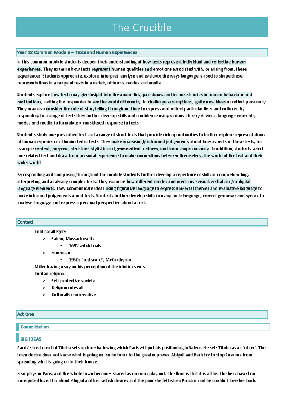 Year 12 English: Exploring Human Experiences in "The Crucible" - Studocu