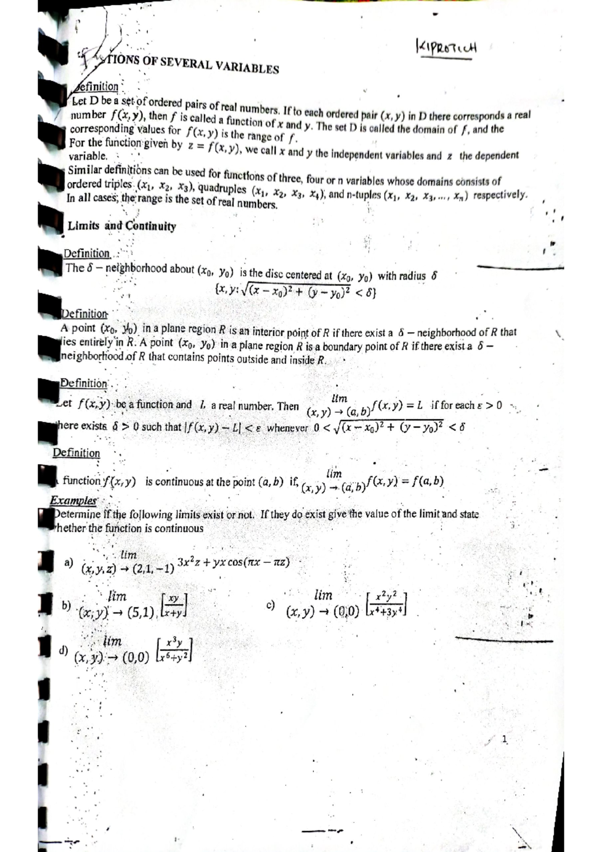 Real Analysis (MATH 301) - Functions of Several Variables and Limits ...