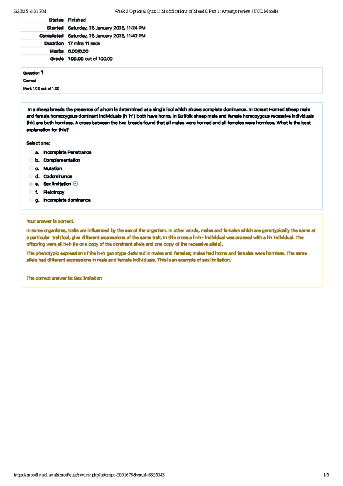UCL Week 2 Optional Quiz 1: Mendelian Genetics Modifications Review ...