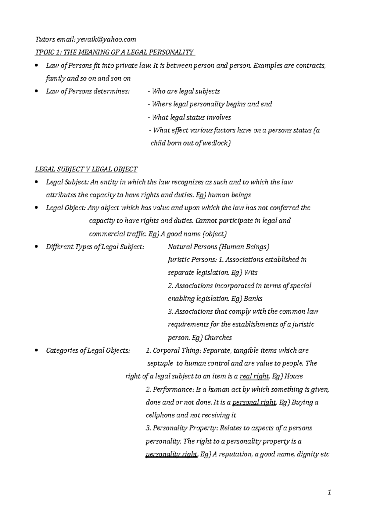 Law of Persons Notes - Legal Personality, Domicile, and Unborn Rights ...