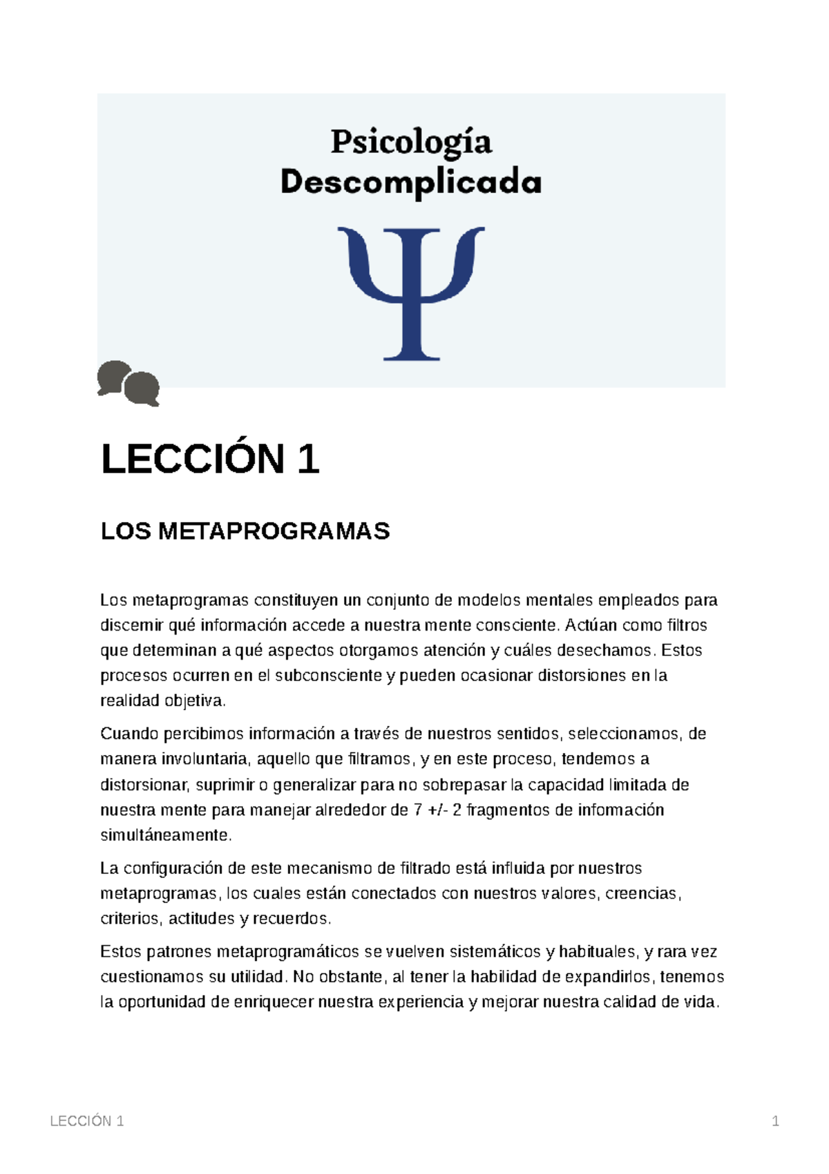 Psicología activa - LECCIÓN 1 LOS METAPROGRAMAS Los metaprogramas ...