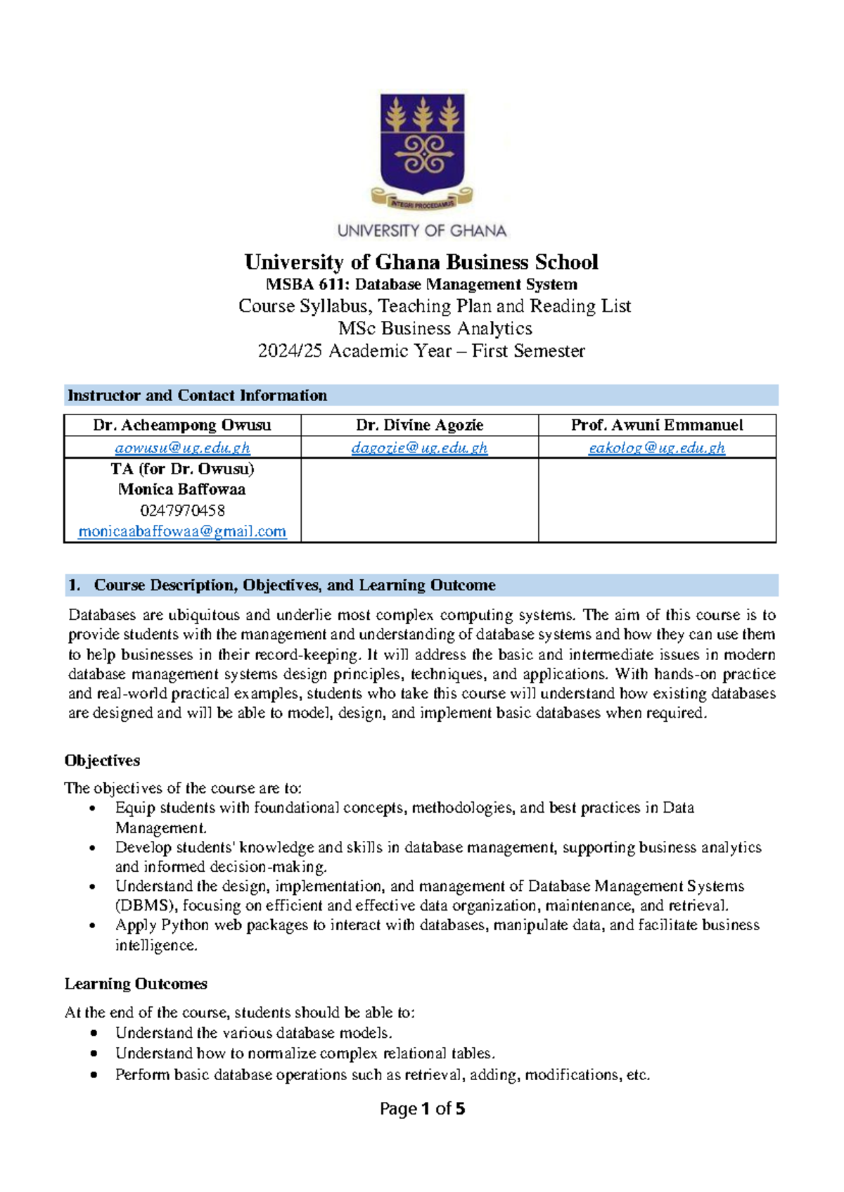 Course Outline MSBA 611 Database Management - University of Ghana ...