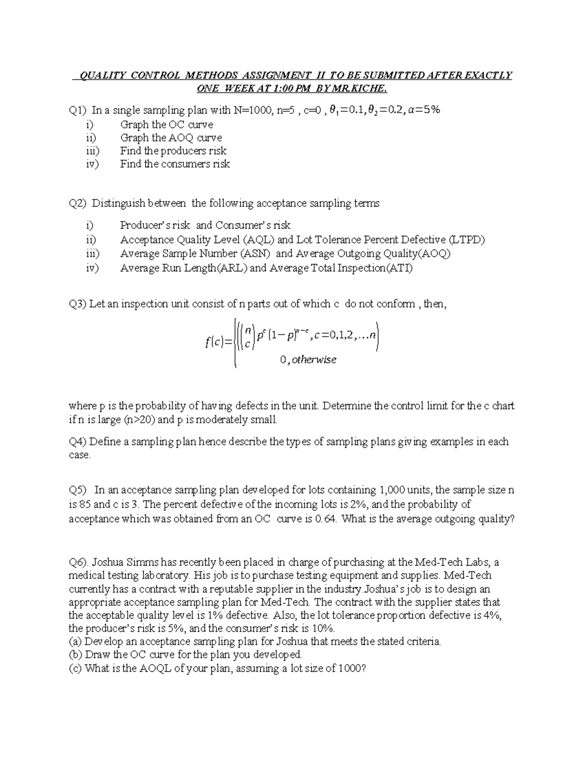 Quality Control Methods Assignment II Kiche - QUALITY CONTROL METHODS ASSIGNMENT II TO BE ...