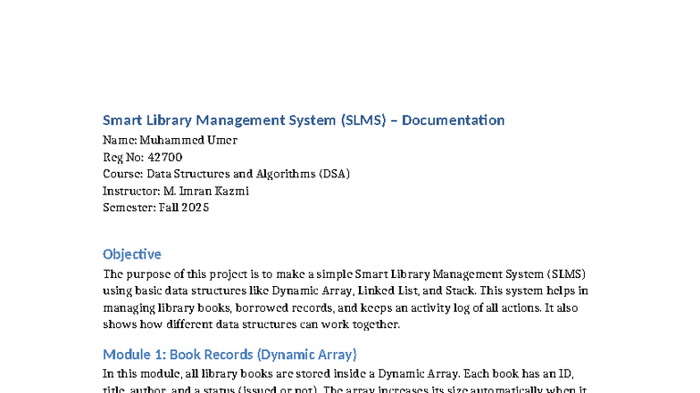 Smart Library Management System (SLMS) Documentation - DSA Project ...