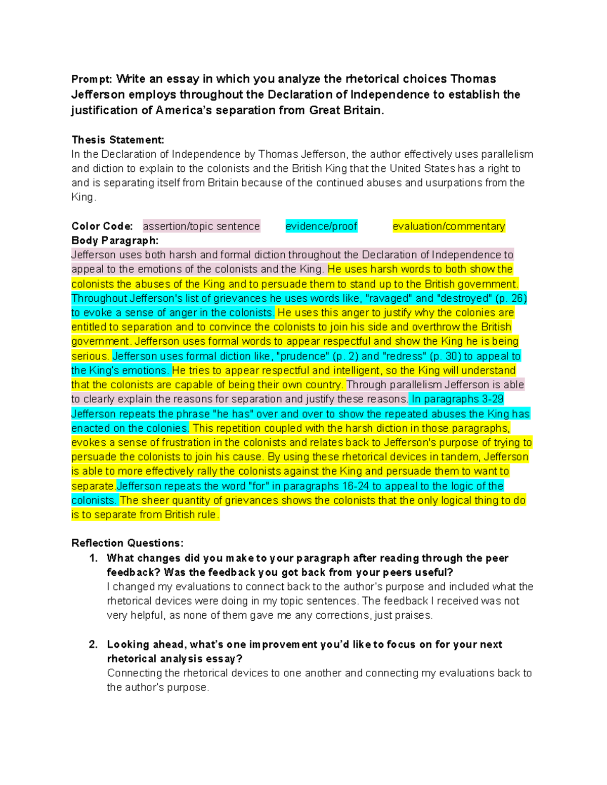 ENG 101 - Rhetorical Analysis of Jefferson's Declaration of ...