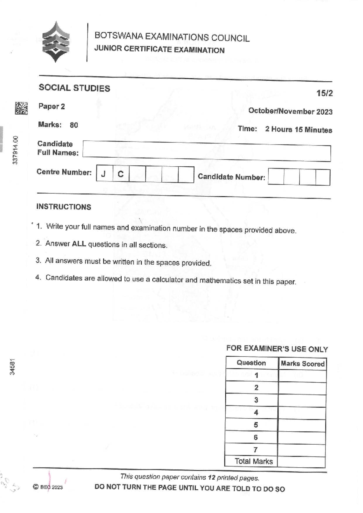 BOTSWANA JC SOCIAL STUDIES PAST PAPER 2023 - PAPER 2 - Studocu