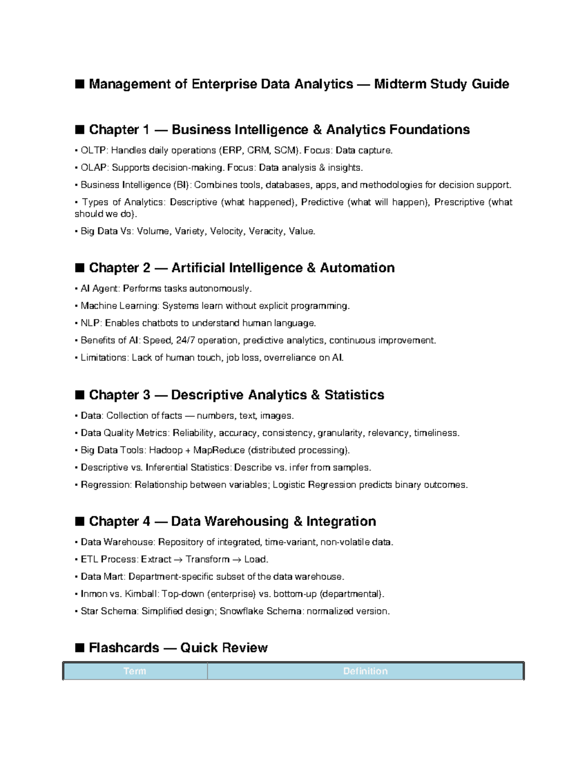 Management of Enterprise Data Analytics Midterm Study Guide - Studocu