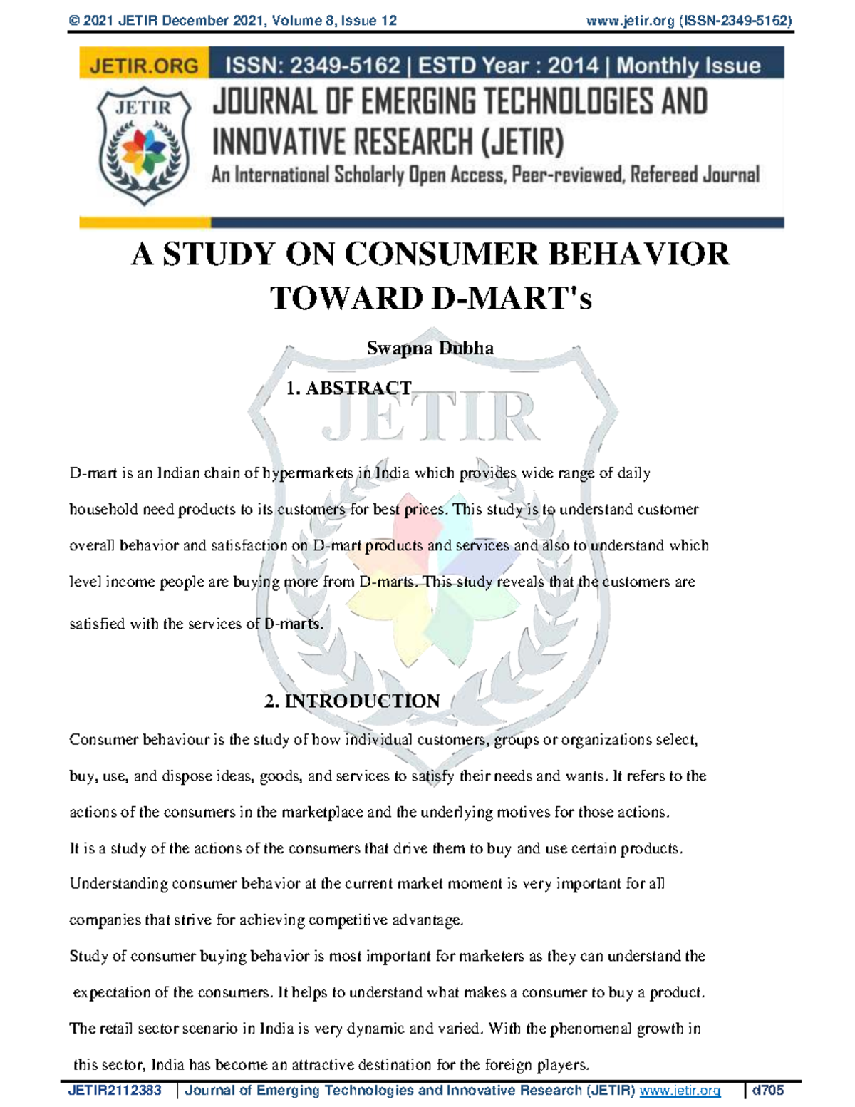 JETIR2112383: Consumer Behavior Study on DMart Hypermarkets - Studocu